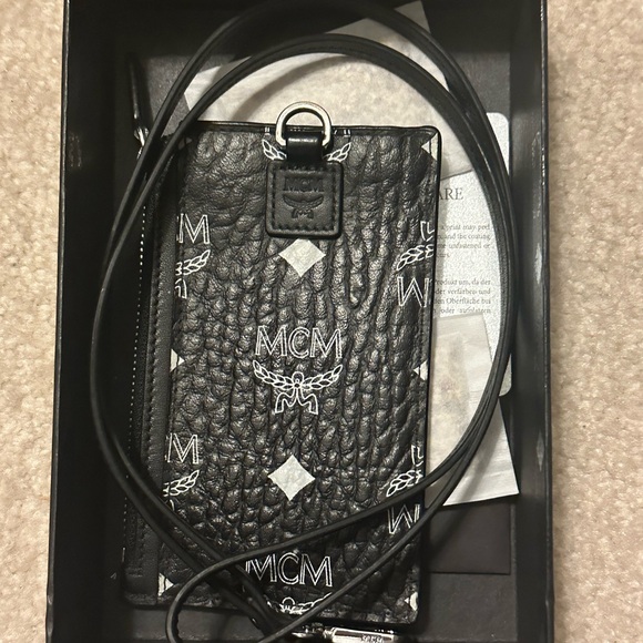 MCM | Bags | Mcm Visetos Black Logo Pattern White Print Leather ...